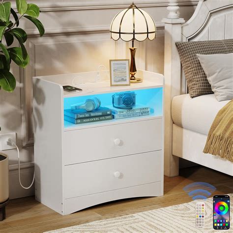Memobarco Nightstand With Charging Station And Led Light