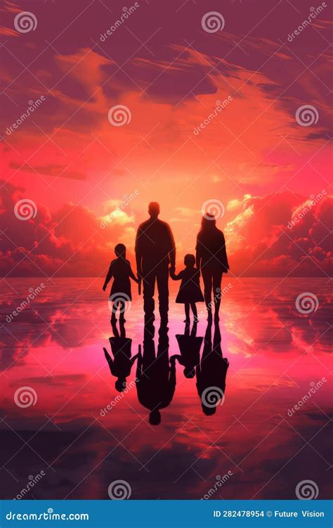Silhouette Of Couple With Two Daughters At Sunset Created Using