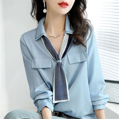 캐주얼 올 매치 루즈 블라우스 턴다운 칼라 한국 여성 의류 우아한 스카프 셔츠 봄 가을 패치워크 단색