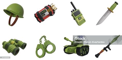 3d 군사 장비 세트 헬멧 Tnt 폭발성 칼 워키토키 수갑 전투 탱크 쌍안경 로켓 발사기 총기 무기 탄약 육군 Ux Ui 웹 디자인 요소 3d 렌더링 그림 군용헬멧에 대한