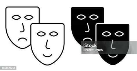 선형 아이콘입니다 코미디와 비극적인 연극 마스크가 함께 있습니다 연극 초연 서커스 포스터 흰색 배경에 격리된 간단한 흑백 벡터