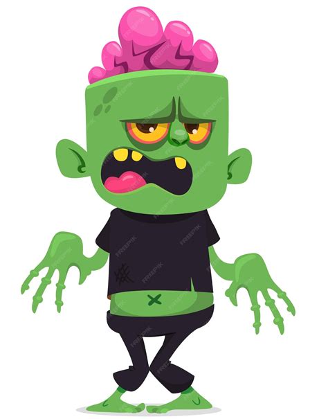 Zombi Verde Divertido De Dibujos Animados Con Cerebros Rosados Fuera De