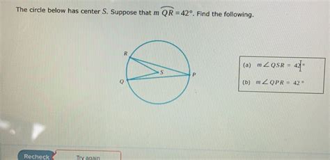 solved the circle below has center s suppose that m overline qr 42