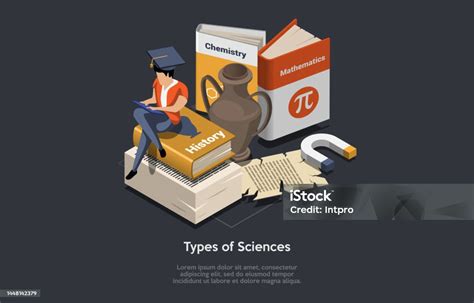 과학 주제 교육의 유형의 개념 졸업 모자를 쓴 캐릭터는 책 더미에 앉아 책을 읽고 있습니다 물리학 화학 수학 및 역사 아이소메트릭 3d 벡터 일러스트 레이 션 3차원 형태에