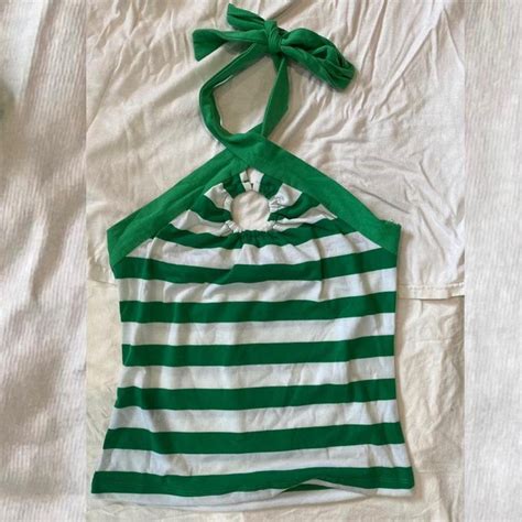 Green And White Tie Up Halter Top Dead Stock Y2k Depop