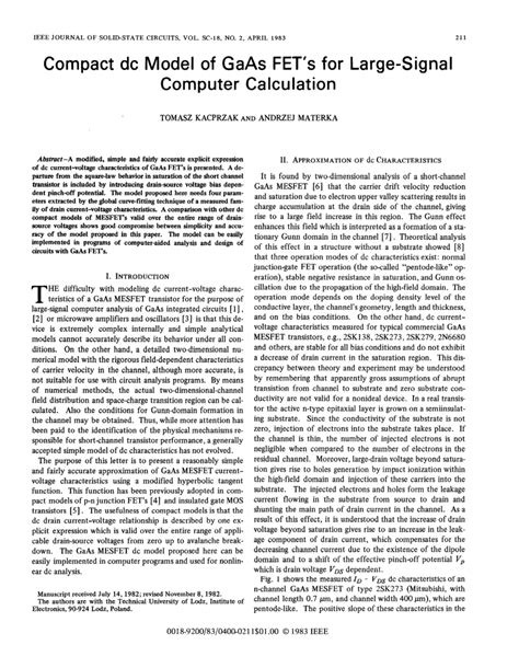 Pdf Compact Dc Model Of Gaas Fets For Large Signal Computer Calculation