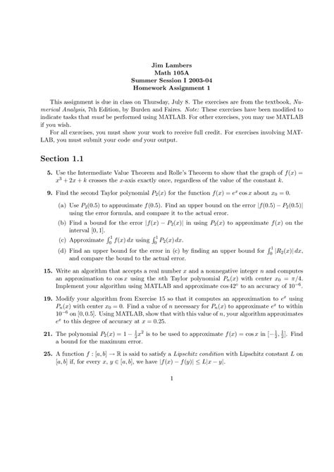 Practice Questions For Assignment 1 Numerical Analysis Math 105