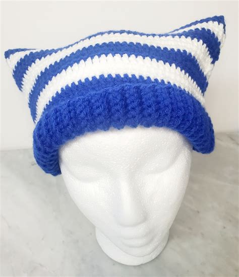 Beautiful Crochet White And Blue Cat Hat Knitted Cat Hat Etsy