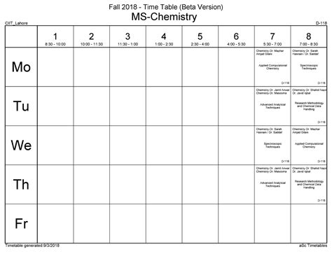 B Classes 1 Fall 2018 Time Table Beta Version Ciitlahore 1 2 3 4 5