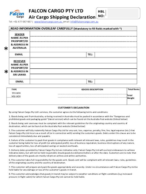 Fillable Online Air Cargo Shipping Declaration 2023 Falcon Cargo Pty