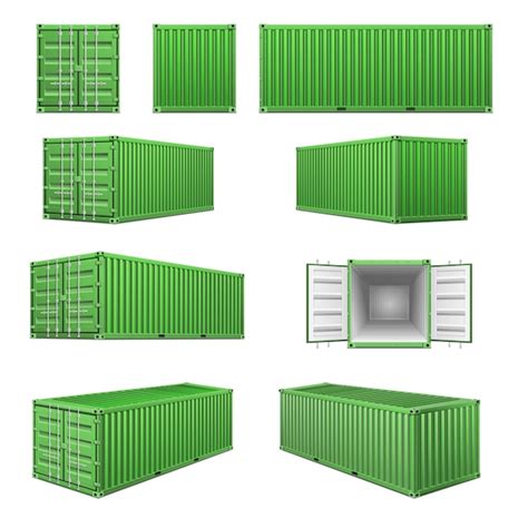 Free Vector Realistic Green Cargo Container Set With Views From Different Sides Against White