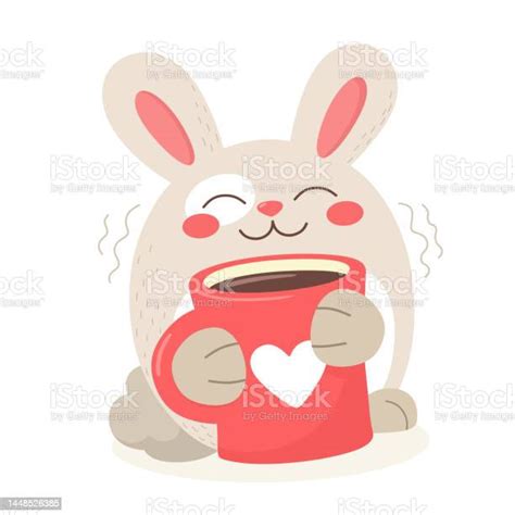 해피 버니 커피 또는 핫 초콜릿 한 잔과 함께 만화 캐릭터 벡터 일러스트 레이 션 공휴일에 대한 스톡 벡터 아트 및 기타 이미지 공휴일 귀여운 긍정적인 감정 표현