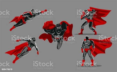 서로 다른 포즈에서 슈퍼 히어로 만화 작업입니다 남자 슈퍼 영웅 벡터 만화 캐릭터입니다 설정 하거나 영웅 만화 캐릭터의