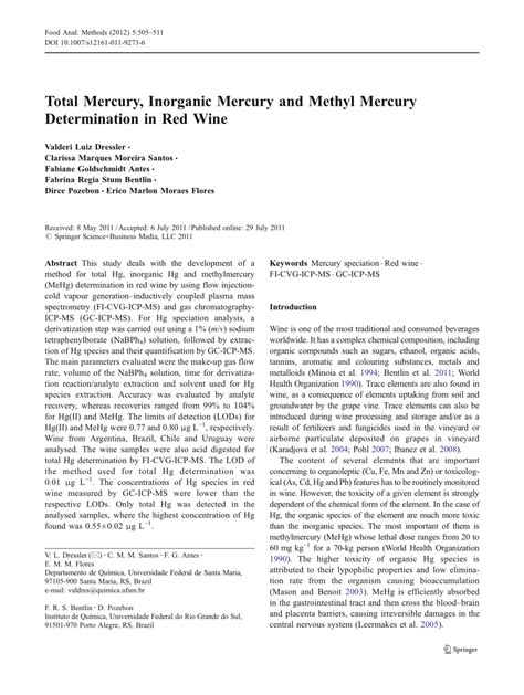 Pdf Total Mercury Inorganic Mercury And Methyl Mercury Determination