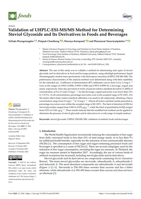 Pdf Validation Of Uhplc Esi Msms Method For Determining Steviol Glycoside And Its Derivatives