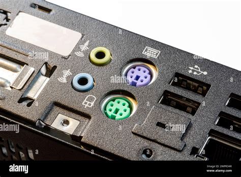 Close Up View Of A Computer Motherboard Featuring Old Obsolete No Longer Used Ps 2 Ports For