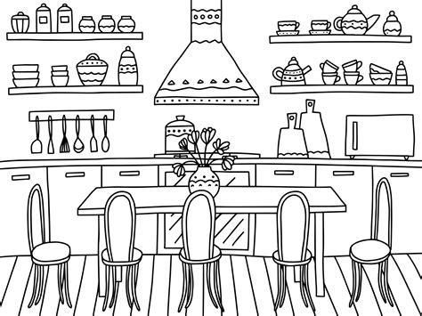 Página De Coloreado Del Vector Interior De La Cocina Linda Página Para