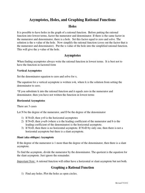 Asymptotes Holes And Graphing Rational Functions Pdf Asymptote Fraction Mathematics