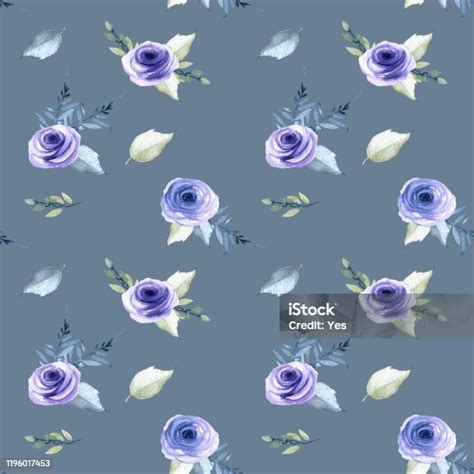 수채화 푸른 장미 잎과 가지 원활한 패턴 손으로 파란색 배경에 그린 0명에 대한 스톡 벡터 아트 및 기타 이미지 0명 결혼식 꽃 식물 Istock