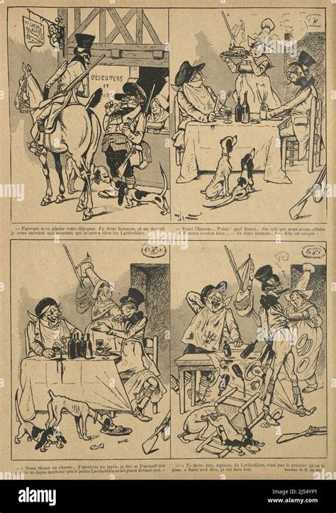 Vintage Illustration French Cartoon Comic Strip 19th Century The Hunters Drunken Lunch Stock