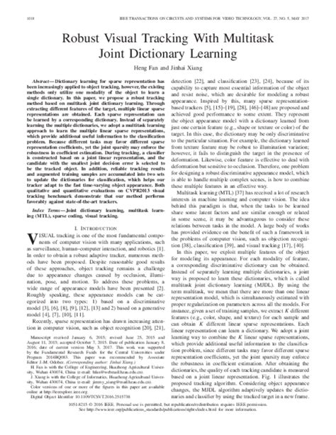 Pdf Robust Visual Tracking With Multitask Joint Dictionary Learning