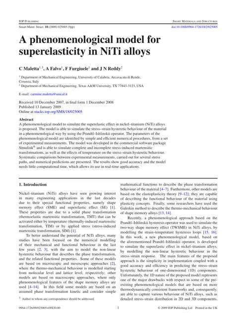 PDF A Phenomenological Model For Superelasticity In NiTi Alloys