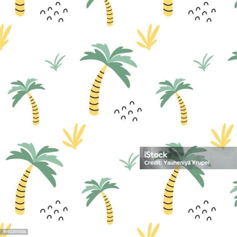 야자수가 있는 유치한 이음매 없는 패턴 이국적인 식물과 패턴입니다 정글과 손으로 그린 패턴입니다 그래픽 프린트에 대한 스톡 벡터 아트 및 기타 이미지 Istock