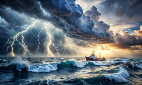 A Ship Caught In A Severe Storm At Sea Stock Image Image Of