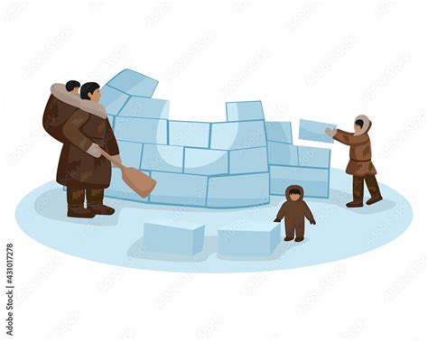 Composition Traditional Family Eskimo Constructing Igloo From Ice Cubes Isolated On White