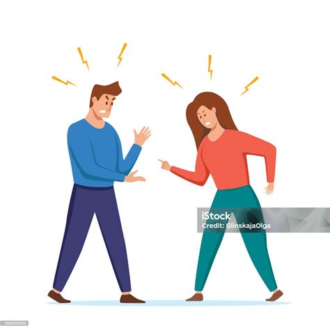 화가 나서 몇 명의 사람들이 벡터 일러스트레이션을 외치고 있다고 주장합니다 남편과 아내는 서로 의한 문제를 비난하며 소리쳤다 남자와 여자 다툼 관계 불행한 젊은 가족 싸움
