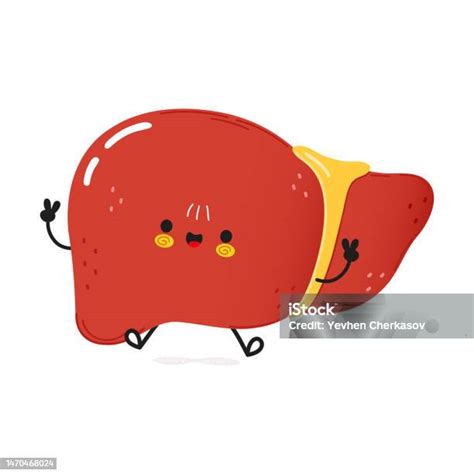 귀여운 재미있는 간 점프 캐릭터 벡터 손으로 그린 만화 Kawaii 캐릭터 그림 아이콘입니다 흰색 배경에 격리 간 캐릭터 개념 간 내부 기관에 대한 스톡 벡터 아트 및 기타