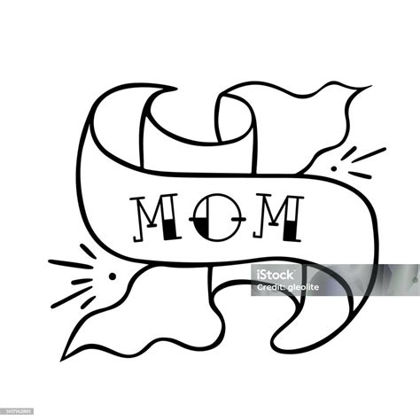 문구가있는 리본 엄마 벡터 손 드로우 인 문신 흰색 배경에 아름다운 문신 흑백 그림 격리에 대한 스톡 벡터 아트 및 기타 이미지