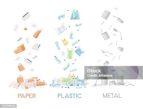세 가지 유형의 쓰레기 종이 플라스틱 및 금속 폐기물 벡터 그림이 흰색 배경에 있습니다 재활용에 대한 스톡 벡터 아트 및 기타 이미지 재활용 금속 신문 Istock