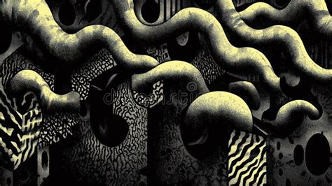 Abstract Illustration Featuring Intertwining Shapes And Textures In A Monochromatic Palette