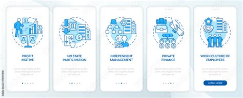 Private Sector Features Blue Onboarding Mobile App Screen Business Walkthrough 5 Steps Editable
