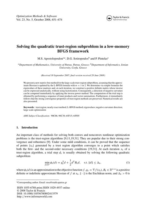 Pdf Solving The Quadratic Trust Region Subproblem In A Low Memory Bfgs Framework
