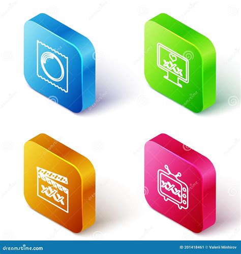 set isometric line condom in package monitor with 18 plus content movie clapper sex and tv old