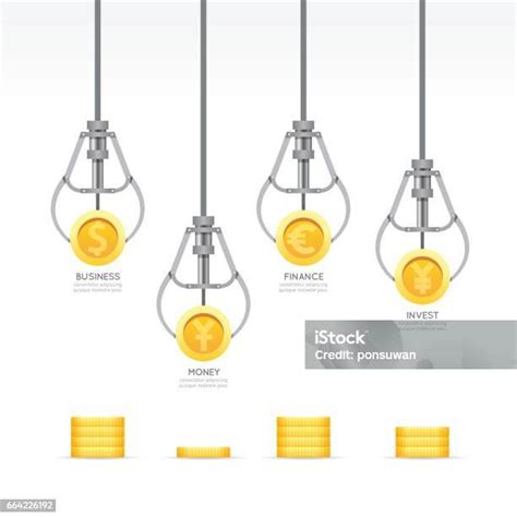 동전 템플릿 디자인인 인포 그래픽 비즈니스 클로 게임 돈 게임 개념 벡터 일러스트 레이션 그래픽 또는 웹 디자인 레이아웃 갈고리 발톱에 대한 스톡 벡터 아트 및 기타 이미지