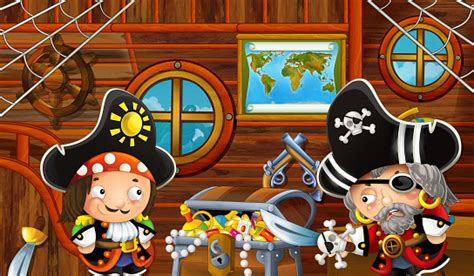 바다를 통해 항해 하는 사랑의 해 적 소년과 해적선 오두막 인테리어와 만화 장면 Regatta에 대한 스톡 벡터 아트 및 기타 이미지 Regatta 갤리온선 고풍스런