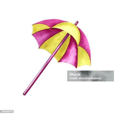 비치 파라솔 흰색 배경에 격리합니다 수채화 손으로 그린 그림입니다 전단지 배너 엽서를 위해 설계되었습니다 초대장 포스터 라벨 및
