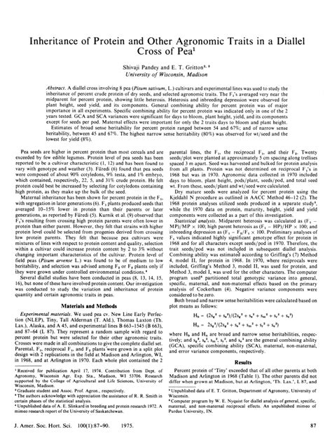 Pdf Inheritance Of Protein And Other Agronomic Traits In A Diallel