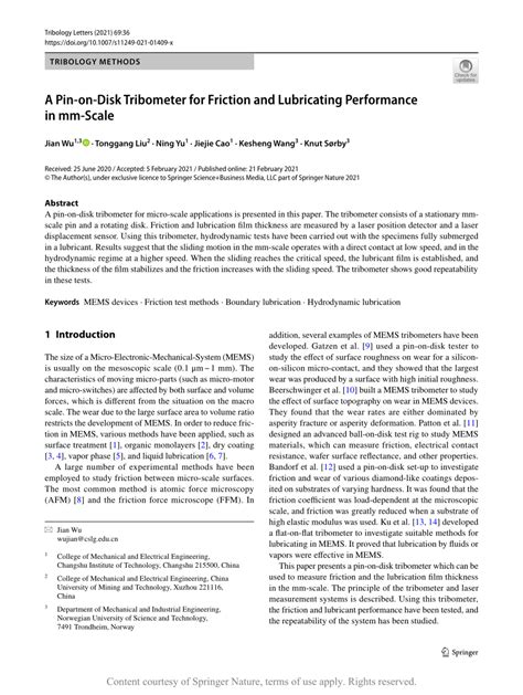 A Pin On Disk Tribometer For Friction And Lubricating Performance In Mm Scale