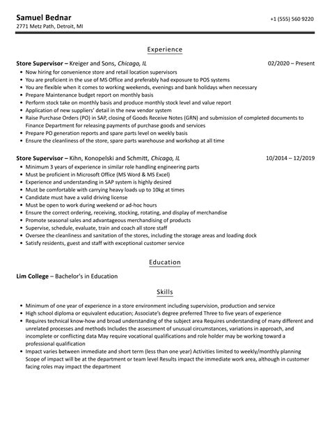 Store Supervisor Resume Samples Velvet Jobs