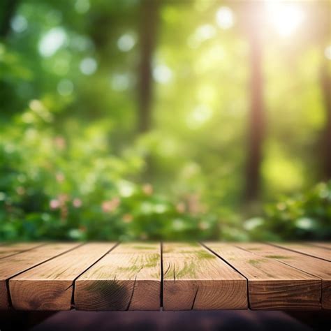 Premium Ai Image A Wooden Table In Front Of A Forest With Sunlight Background