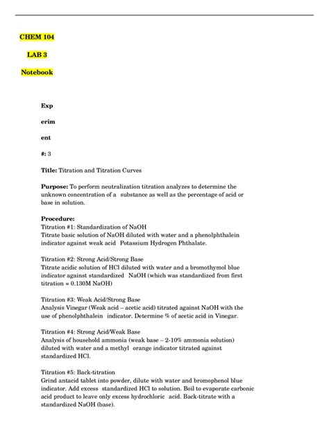 Chem 104 Lab 3 Notebook Verified Lab Reports Chemistry Docsity