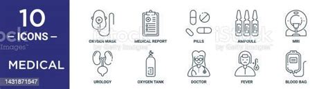 의료 개요 아이콘 세트는 얇은 라인 산소 마스크 알약 Mri 산소 탱크 발열 혈액 가방 보고서 프레 젠 테이션 다이어그램 웹 디자인을위한 비뇨기과 아이콘을 포함 0명에 대한