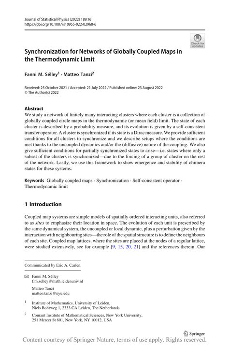 Pdf Synchronization For Networks Of Globally Coupled Maps In The Thermodynamic Limit