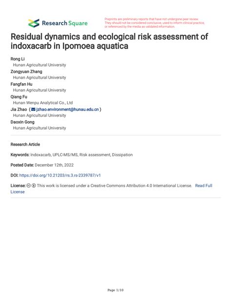 Pdf Residual Dynamics And Ecological Risk Assessment Of Indoxacarb In Ipomoea Aquatica