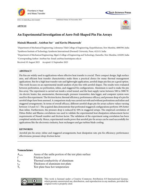 Pdf An Experimental Investigation Of Aero Foil Shaped Pin Fin Arrays