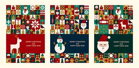 메리 크리스마스와 새해 복 많이 받으세요를 위한 컬렉션 3 인사말 카드 트렌디한 심플한 기하학적 모양 눈사람 쿠키 선물 양초가 있는 아이콘 바우하우스 스타일 포스터 배너